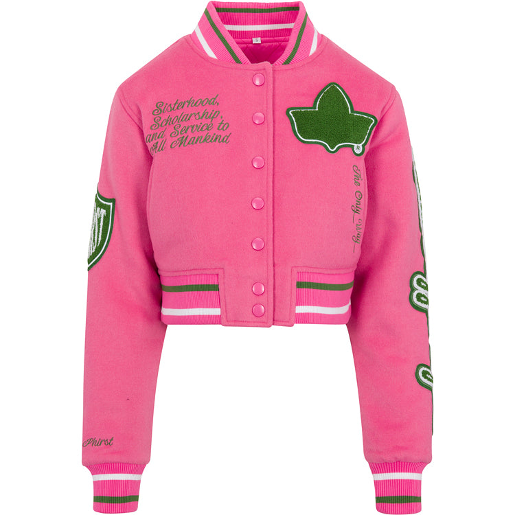 Cropped Timeless Ivy Varsity Letterman Jacket, Pink